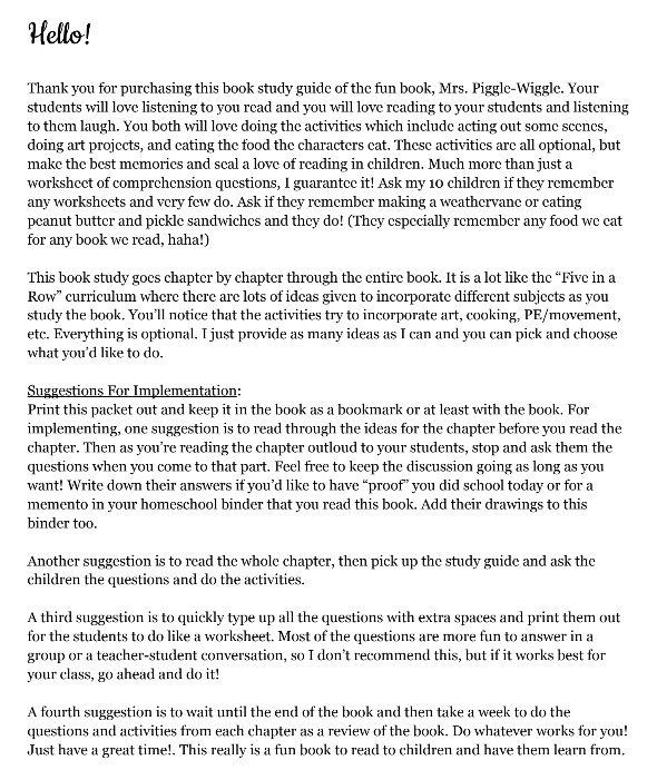 Hello, Mrs. Piggle-Wiggle Book Study Guide - Single Mom On A Farm